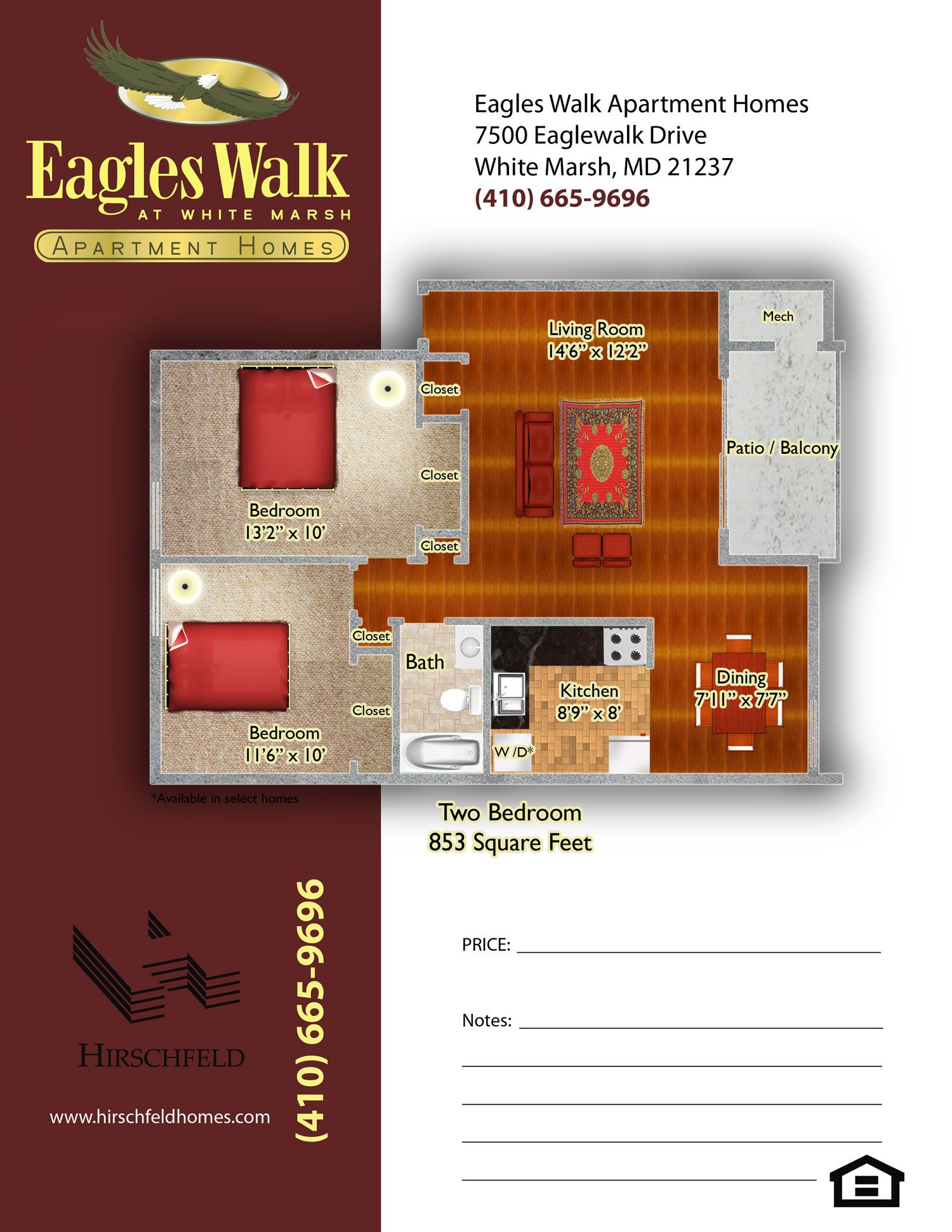 apt-white-marsh-md-2-bedroom-floorplan-Eagles-Walk-1BR853 | Hirschfeld